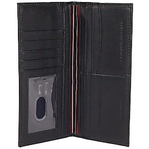 Tommy Hilfiger Leather Secretary Wallet - Slim Long Multipurpose Versatile Vertical Bifold Checkbook Cover, Black