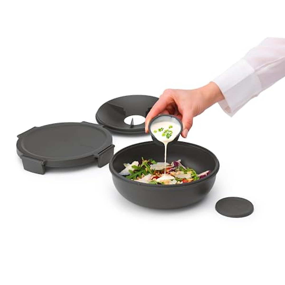 Brabantia Make & Take Salad Bowl with Removable Tray for Toppings & Dressings (Dark Gray) 100% Leakproof, Microwave & Freezer Safe Meal Prep Container