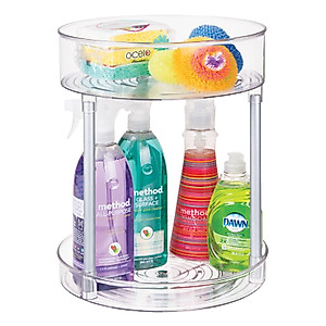 mDesign Spinning Metal and Plastic Makeup Organizer Rotating Lazy Susan 2-Level Turntable Storage Bin - Carousel Organizer for Bathroom Vanity Countertops, Cabinets - Clear/Silver