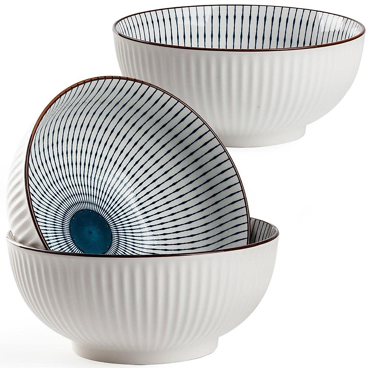 Hesen 60 oz Large Soup Bowl, Pho Bowls, Japanese Ramen Bowl Set, Big Porcelain Bowls Set of 3, 8 inches, Stripe Pattern