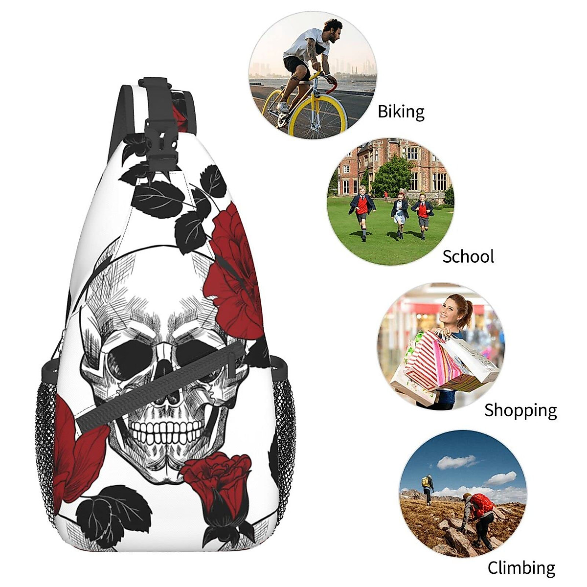 Lunepon Rose And Skull Sling Backpack Crossbody Shoulder Bags For Women Men, Sling Bag Travel Hiking Chest Bag Daypack Unisex