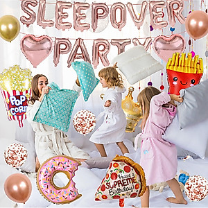 Sleepover Party Supplies for Girls - Rose Gold Sleepover Party Balloon Banner Large Popcorn Donut Pizza Crown Foil Balloons Girls Night Slumber Pajamas Spa Party Birthday Party Decorations