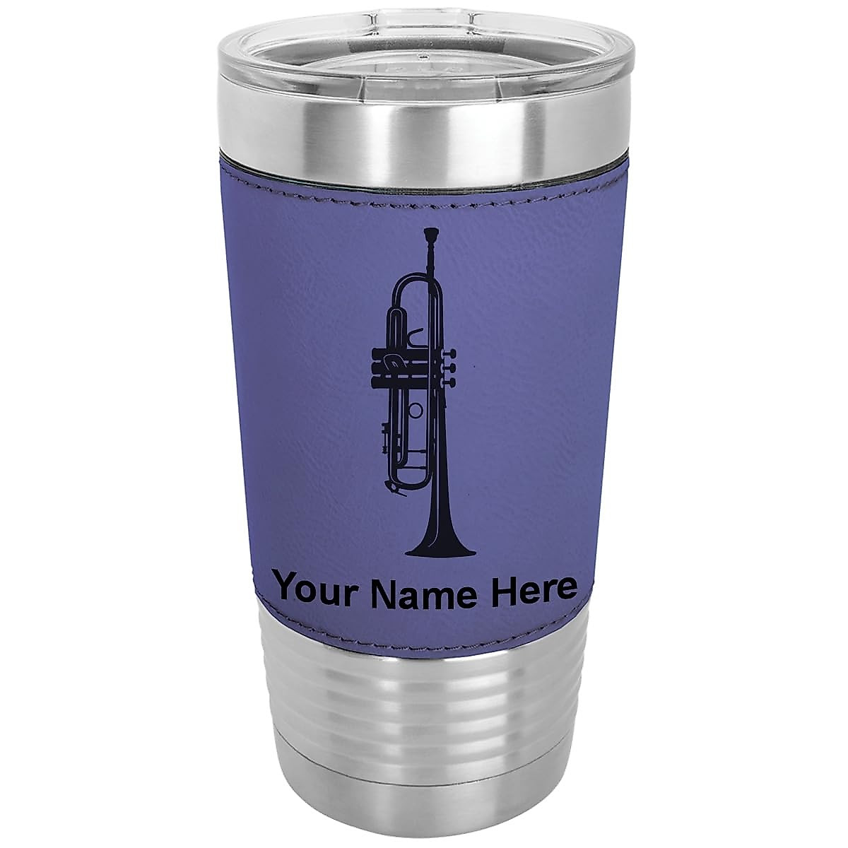 LaserGram 20oz Vacuum Insulated Tumbler Mug, Trumpet, Personalized Engraving Included (Faux Leather, Dark Purple)