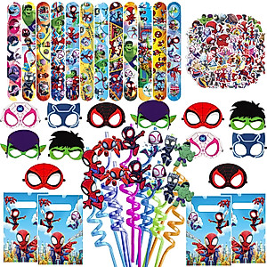 106PCS Spidey Friends Party Favor Supplies -Reusable Drinking straws Masks&Slap Bracelets Bags&Spidey Stickers Gifts for Kids Birthday Spidey Friends Themed Party Favors Birthday Decorations ﻿