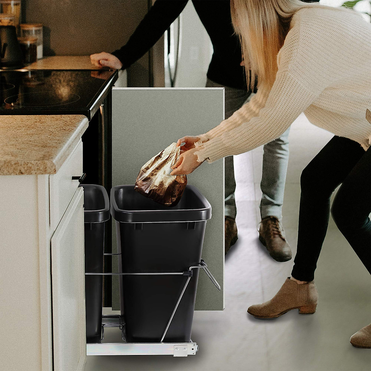 LEMY 35 Quart Double Pull Out Trash Can Under Kitchen Cabinet Roll Out Sliding Waste Bin Container