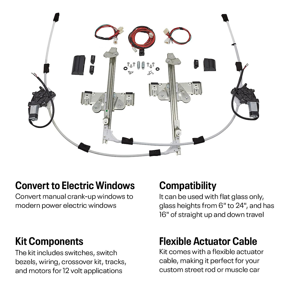 Universal 2-Door Power Window Conversion Kit for Flat Glass: Manual to Electric, Suitable for Classic Cars & Custom Street Rods, Includes OEM Style Switches, Wiring, Regulator, Crossover Kit - 12V