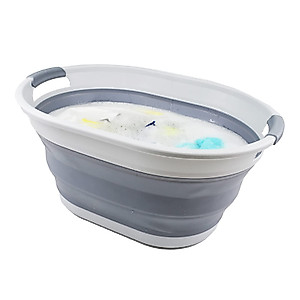SAMMART 28L (7.4 gallon) Oval Collapsible Plastic Laundry Basket - Foldable Pop Up Storage Container/Organizer - Portable Washing Tub - Space Saving Hamper/Basket (1, Grey)