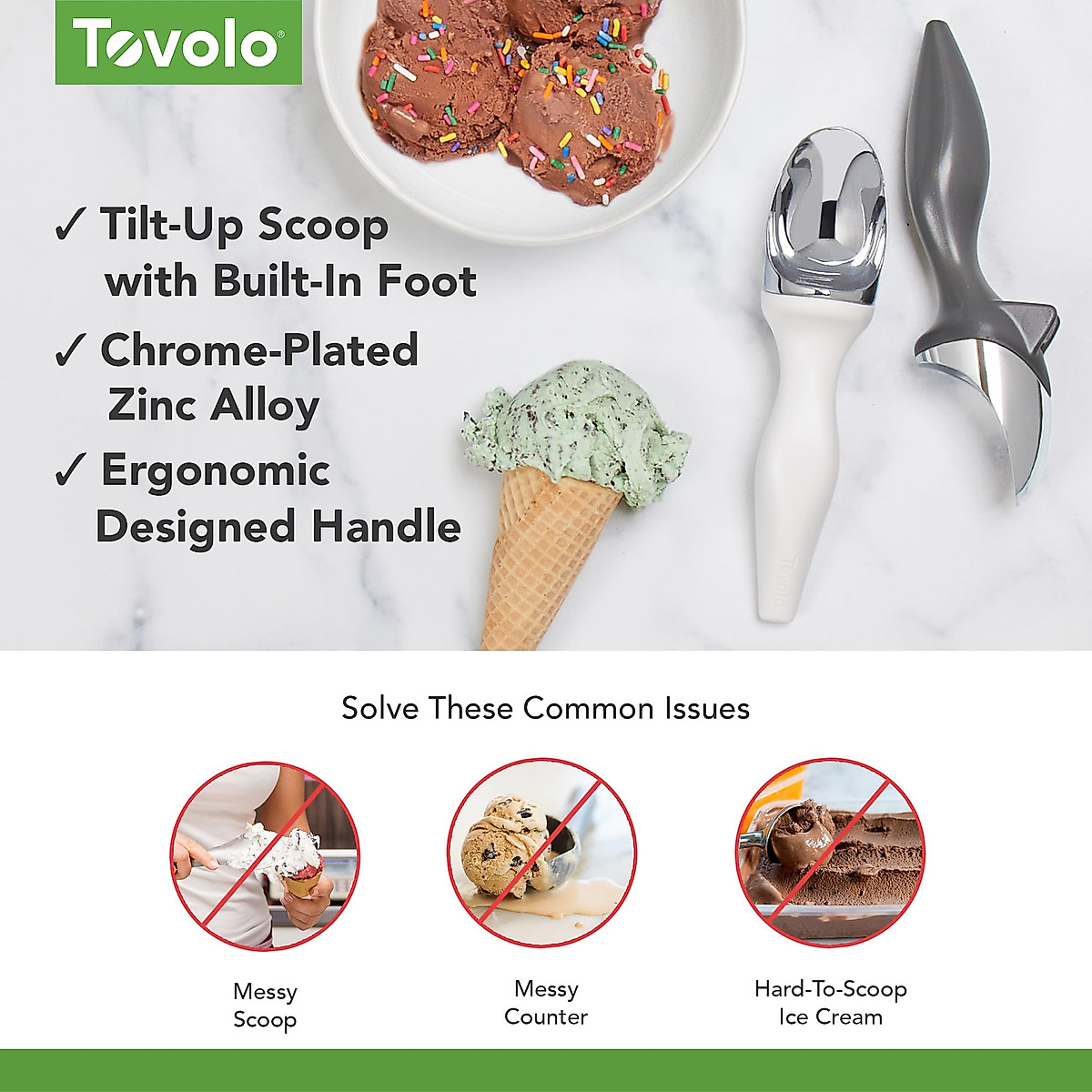 Tovolo Tilt-Up Ice Cream Scoop (White) - Non-Slip Grip Ice Cream Scooper with Footed Handle – Ice cream Scoop for Cookie Dough, Gelato, Sorbet & Frozen Treats - Dishwasher Safe & BPA-Free