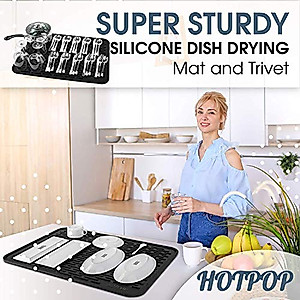 HOTPOP Medium (16"x12") Super Sturdy Silicone Dish Drying Mat and Trivet, Dishwasher Safe, Heat Resistant, Eco-Friendly (Black)