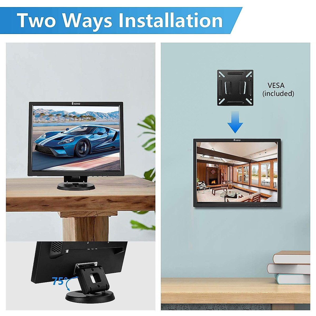 Eyoyo 14 inch LCD HDMI Monitor 1024x768 Small VGA Display Monitor for Security Cameras w/HDMI/VGA/AV/BNC Input w/Built-in Speakers and Remote