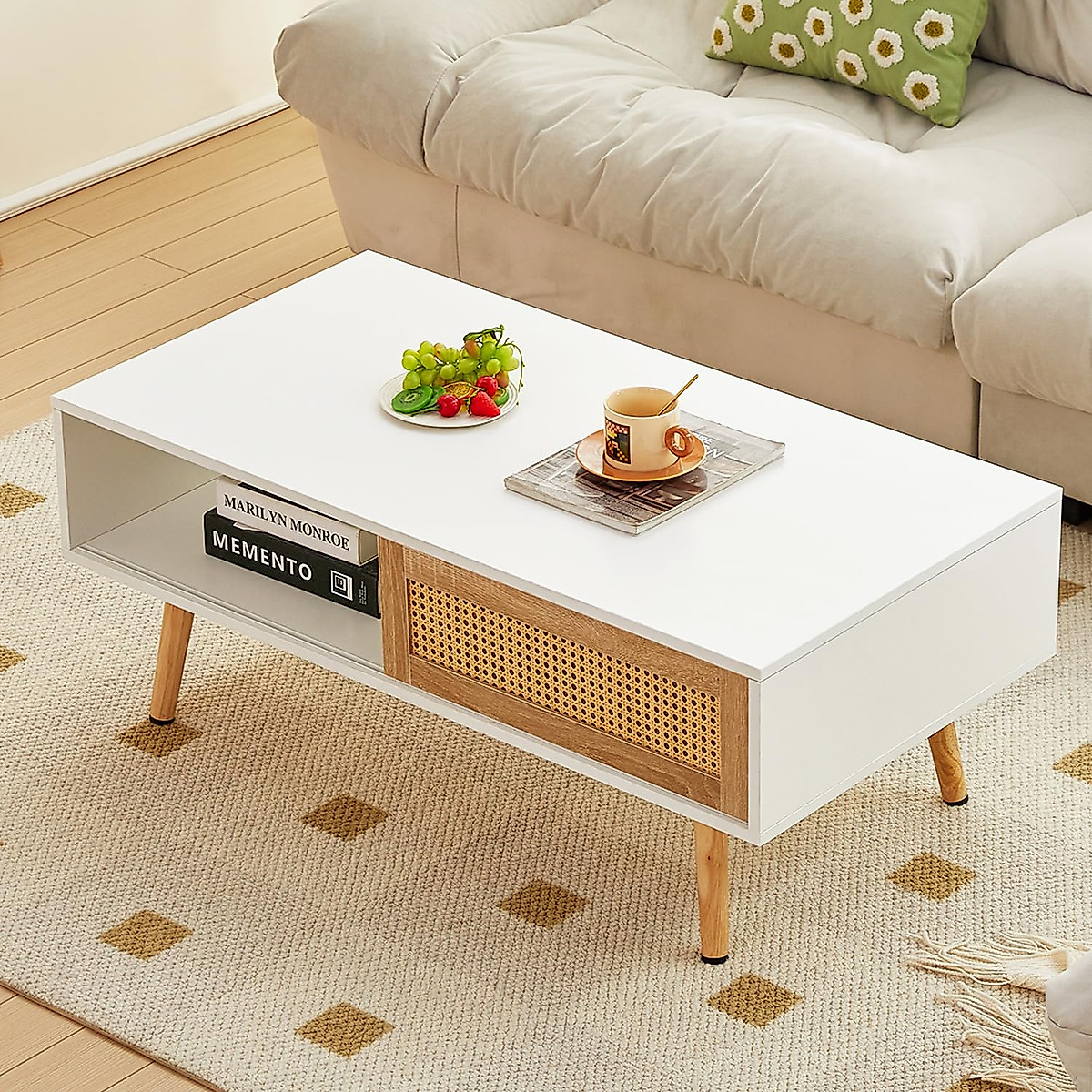 Mid Century Modern Coffee Table with Storage, 41.3 Inch Rectangle Wooden Accent Center Sofa Table with Sliding PE Rattan Woven Door Panel and Solid Wood Legs, Suitable for Living Room, Apartment