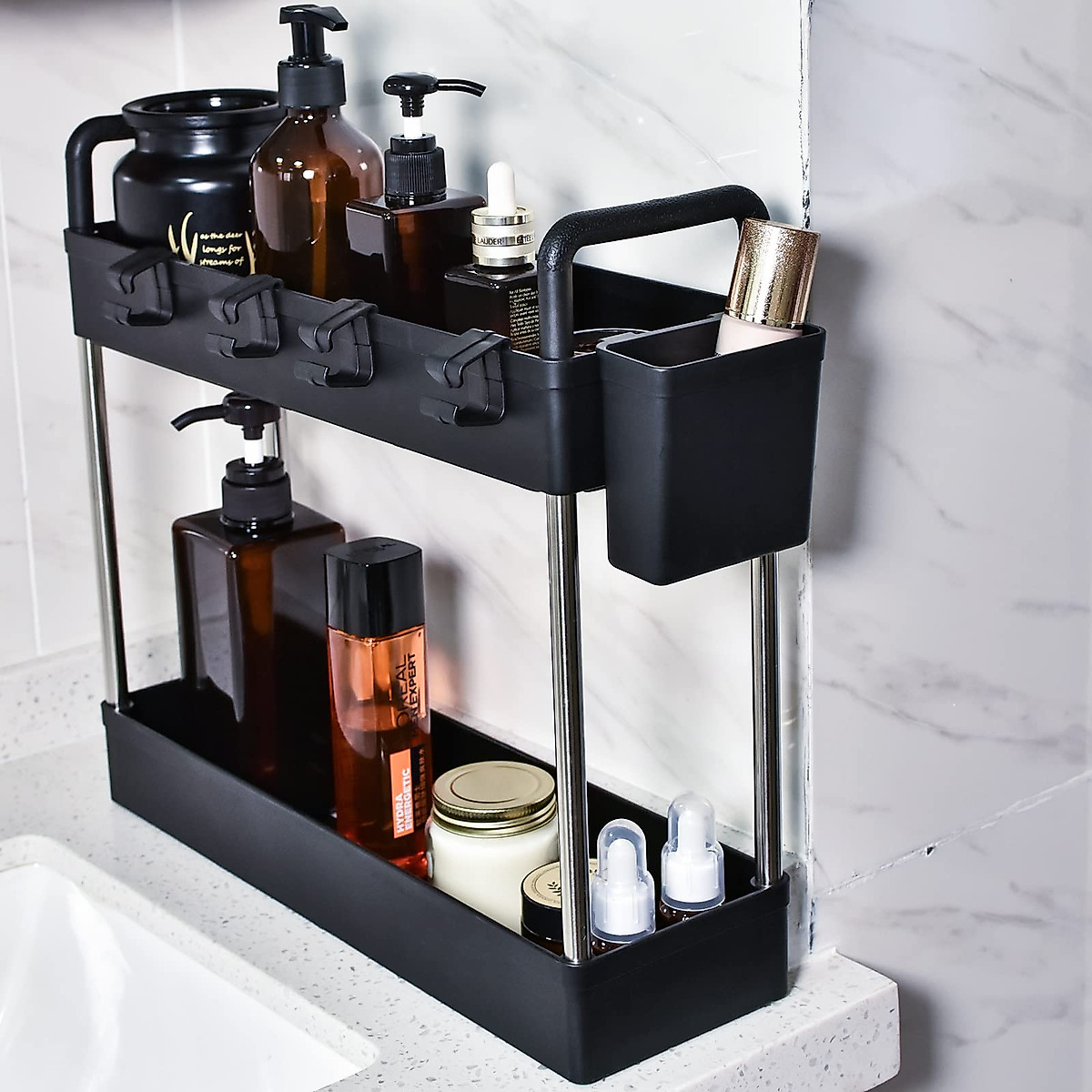 CAPHONT Under Sink Organizer Shelf 2 Pack, 2 Tier Under Bathroom Sink Organizers and Storage Multifunctional Under Cabinet Storage Rack with 8 Hooks & 2 Hanging Cups for Laundry Kitchen, Black