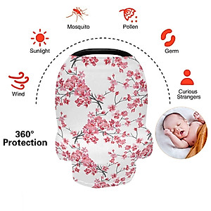 Baby Car Seat Covers Canopies for Boys Girls Branches of Cherry Blossoms Infant Stroller Cover Nursing Cover Breastfeeding Scarf Warm Windproof