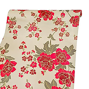 Yifely Vintage Red Peony Removable PVC Shelf Drawer Liner Home Decor Makeup Boxes Storage Cabinets DIY Paper 17x118 Inch