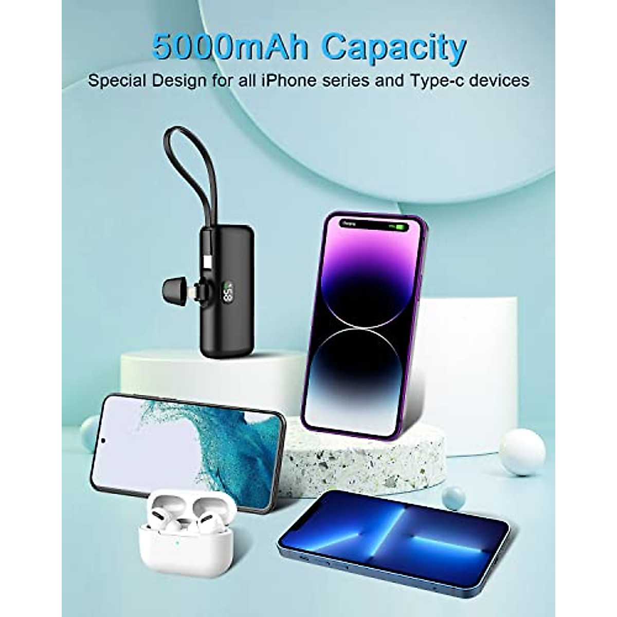 Aimenzunto Small Portable Charger Power Bank, 5000mAh with Lightning & USB C Dual Output Powerbank, LED Display Battery Pack Fast Charging for iPhone 14/13/12/11 Samsung Google Pixel Moto etc