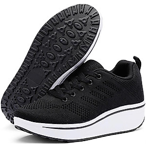 PPXID Women's Platform Fashion Sneakers Breathable Mesh Walking Shoes Lightweight Non Slip Running Shoes-Black 12 US Size