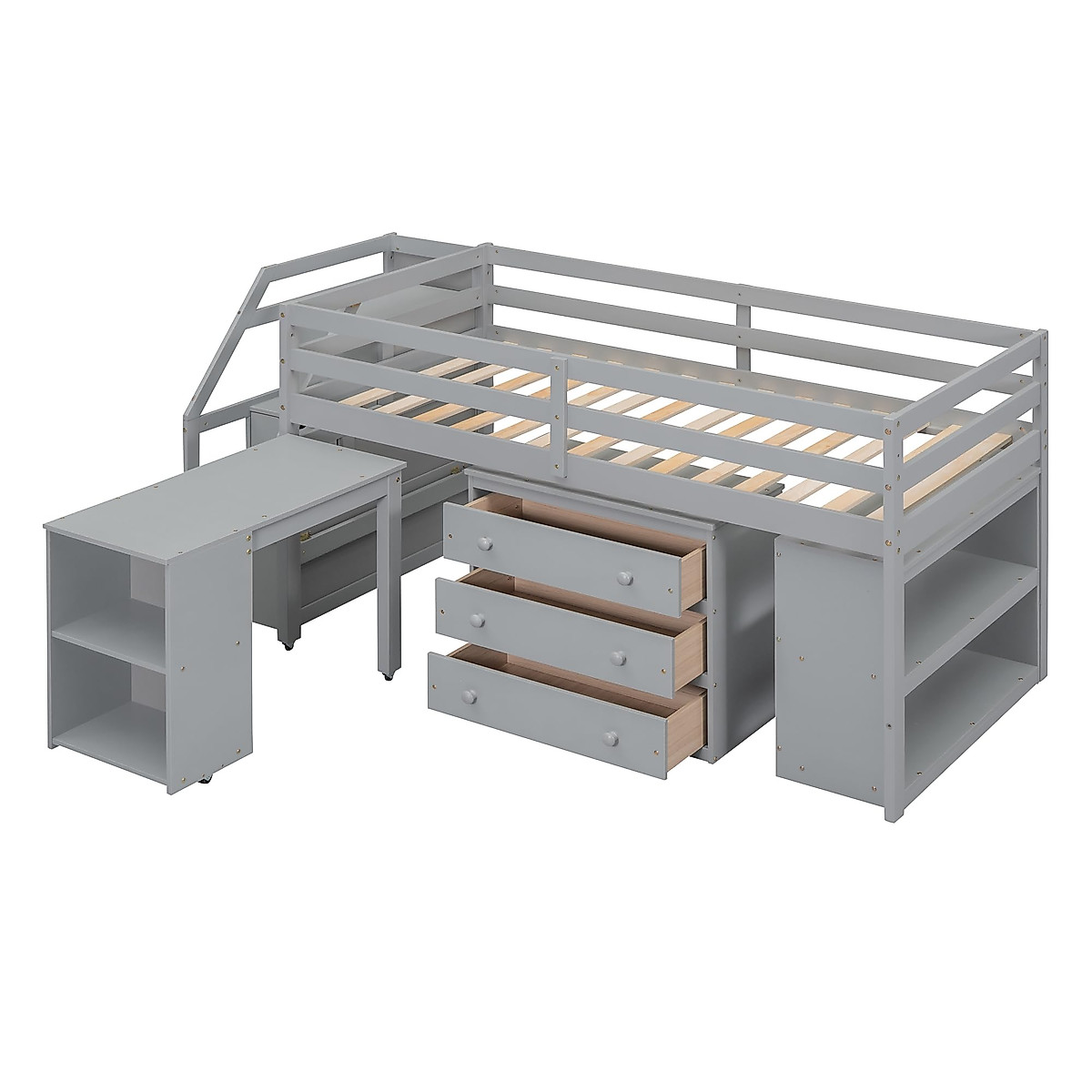 Loft Bed and 3 Drawers, Wooden Loft Bed with Storage Stairs and Shelves, Gray