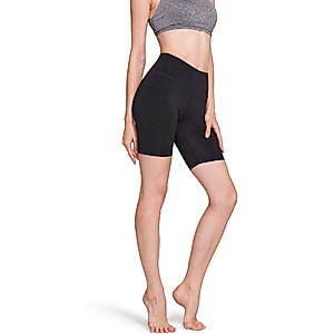 TSLA Women's High Waisted Bike Shorts, Workout Running Yoga Shorts with Pocket, Athletic Stretch Exercise Shorts, 7'' Yoga Shorts Black, Large