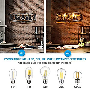 XINGQI Dining Room Chandelier Over Table, Modern Farmhouse Chandelier, 21.7'' Drum Rustic Pendant Light Fixture for Living Room, Round Metal Shade with Black+Wood Grain Finish, 5 Lights