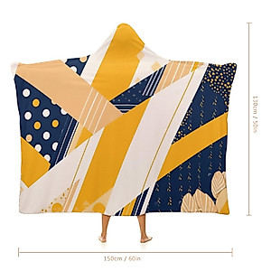 Elegant Navy Blue Mustard Yellow White Stripes Geomestry Hooded Blanket Spring Summer Flower Elegant Line Plush Warm Fluffy Blanket for Adult And Kids Comfortable Throw Blankets for Couch Bed 60"x80"