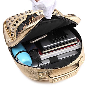 GUQIMEI Mens 3D Lion PU Emboss Rivet Punk Backpack Rock Personality Laptop Bag Creative Travel Leisure, Gold, One Size