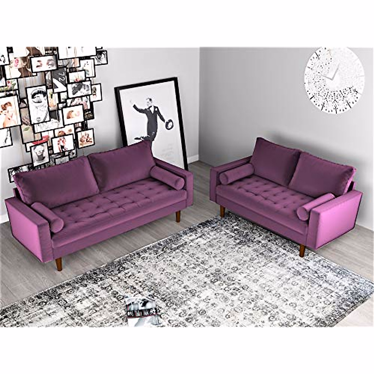 Container Furniture Direct Womble Modern Velvet Upholstered Living Room Diamond Tufted Chesterfield Sofa with Gleaming Nailheads, Purple