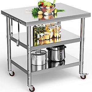 YITAHOME NSF Stainless Steel Table, 30" X 24" Work Table with Wheels, 3 Shelves Metal Table Prep Table for Home Kitchen Restaurant Garage Warehouse Outdoor