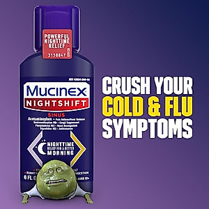 Mucinex Nightshift Sinus, Cold And Flu Cough Medicine For Adults, Powerful Nighttime Sinus Medicine For Sinus Relief, Sore Throat Relief, Cough Suppressant & Nasal Decongestant For Adults, 6 Fl Oz