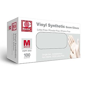 Basic Vinyl Exam Glove Latex Free Powder Free Medical Disposable Gloves VGPF3002 Box of 100 (Clear, Medium)