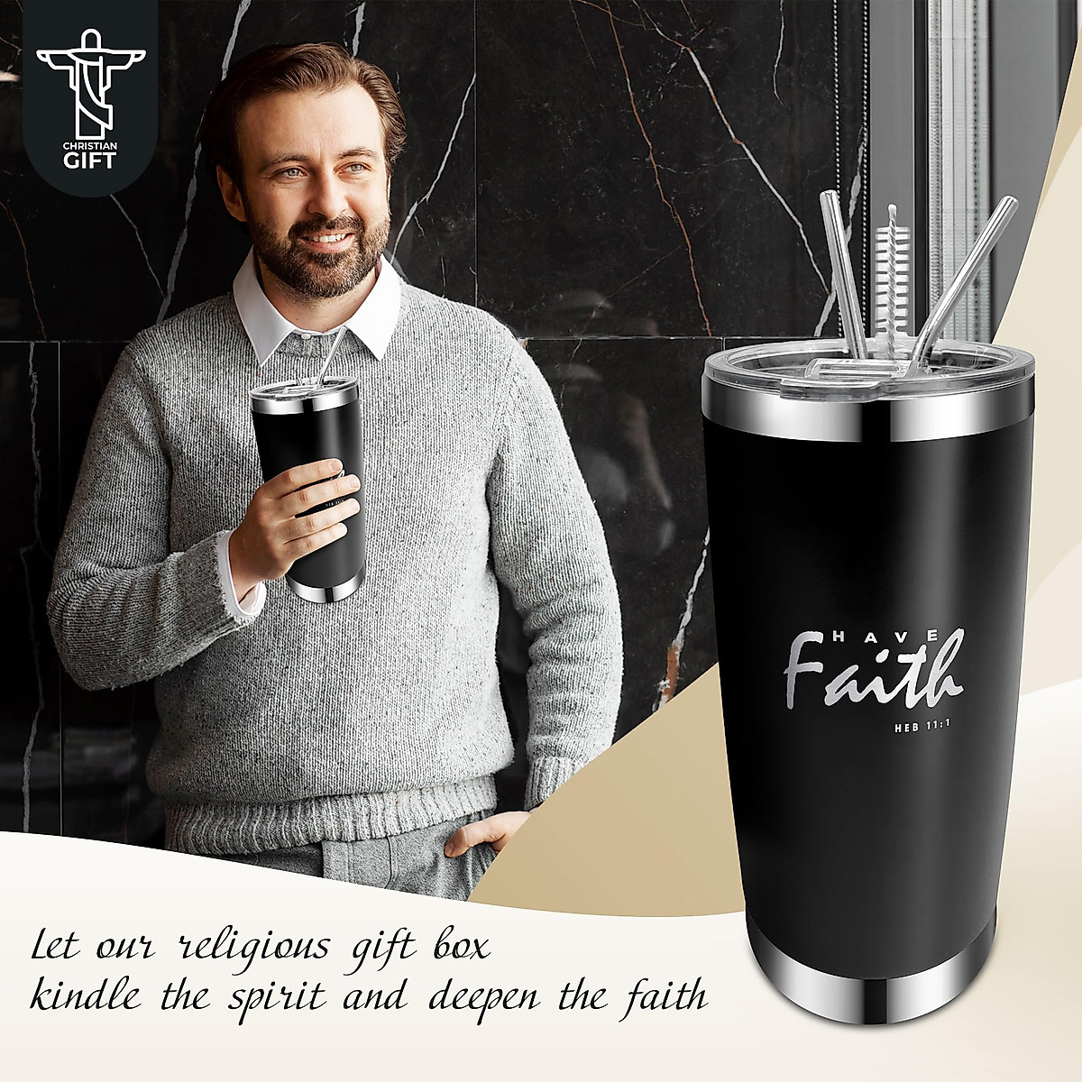 DEHITE Christian Gifts for Men - Religious Basket Inspirational Present - Insulated Tumbler - Notebook - Multitool Pocket Knife - Christmas Gift Birthday Box for Father