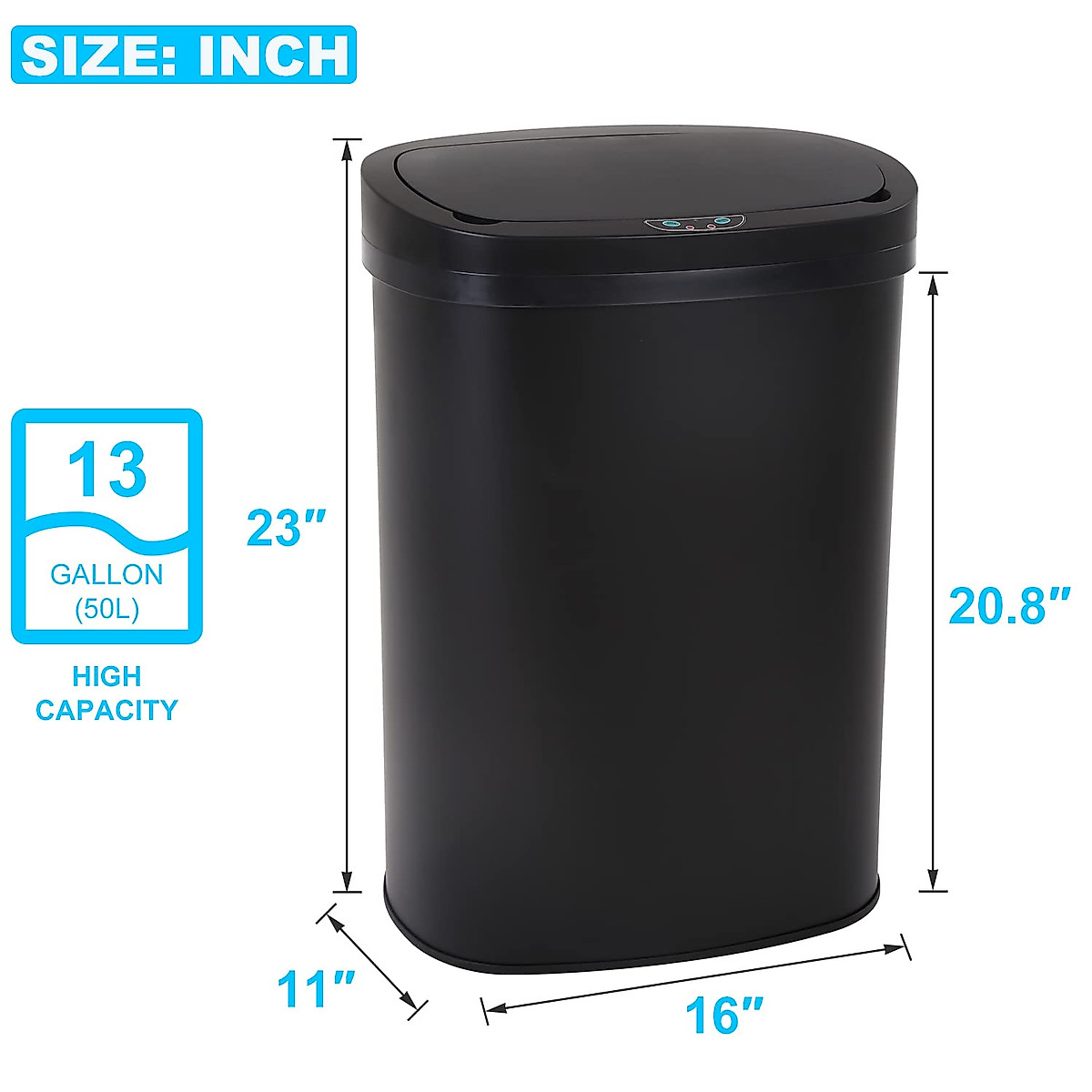 13 Gallon Touch Free Automatic Stainless Steel Trash Can Garbage Can Metal Trash Bin with Lid for Kitchen Living Room Office Bathroom, Electronic Motion Sensor Automatic Trash Can - Black