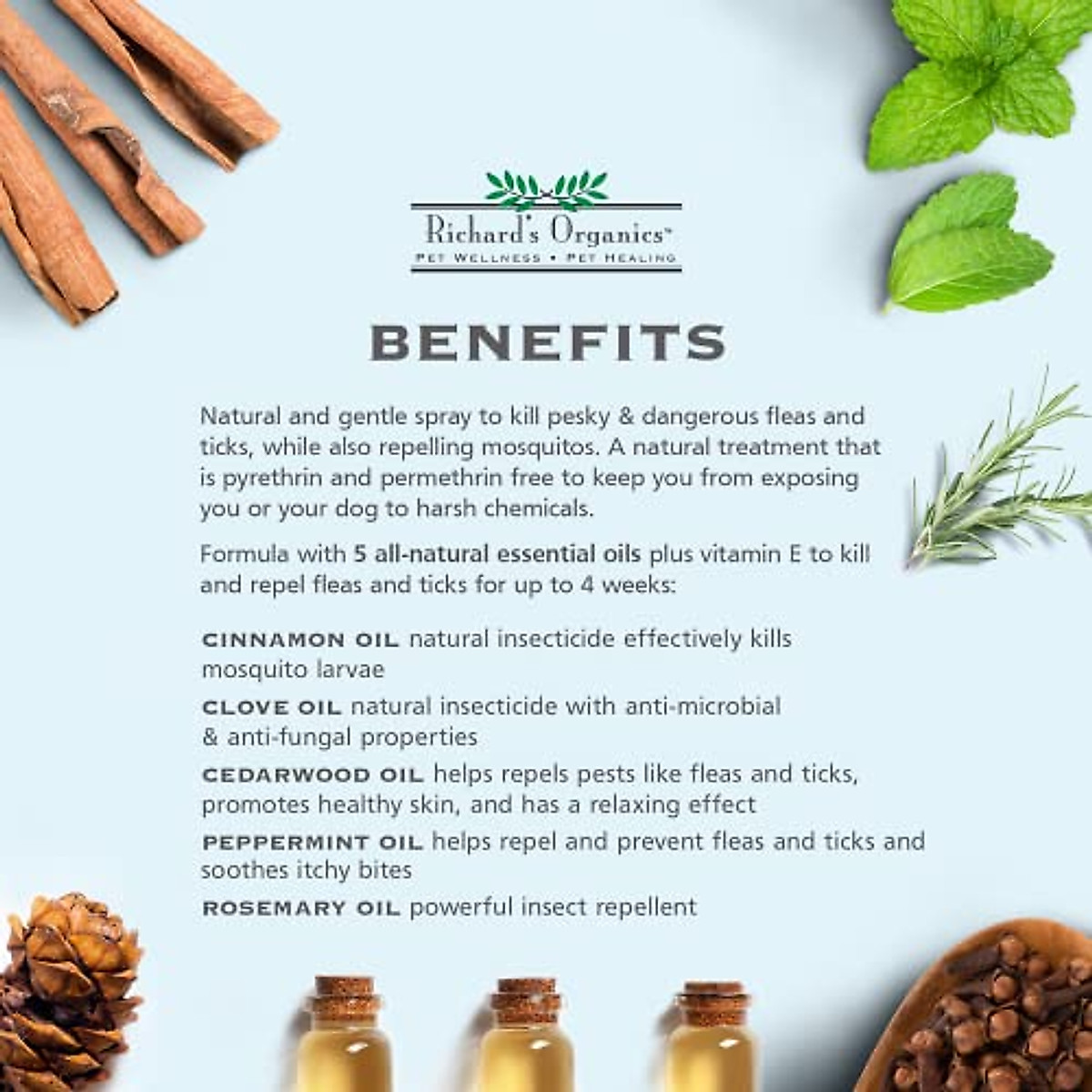 Richard’s Organics Gentle Flea and Tick Spray for Dogs –100% Natural Actives Kills Fleas, Ticks, Repels Mosquitos for Up to 4 Weeks – No Harsh Chemicals, Safe for Use Around Children (12 oz)