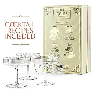 Vintage Art Deco Coupe Glasses | Set of 4 | 7 oz Classic Cocktail Glassware for Champagne, Martini, Manhattan, Cosmopolitan, Sidecar, Daiquiri | Crystal Speakeasy Style Saucer Goblets with Stems