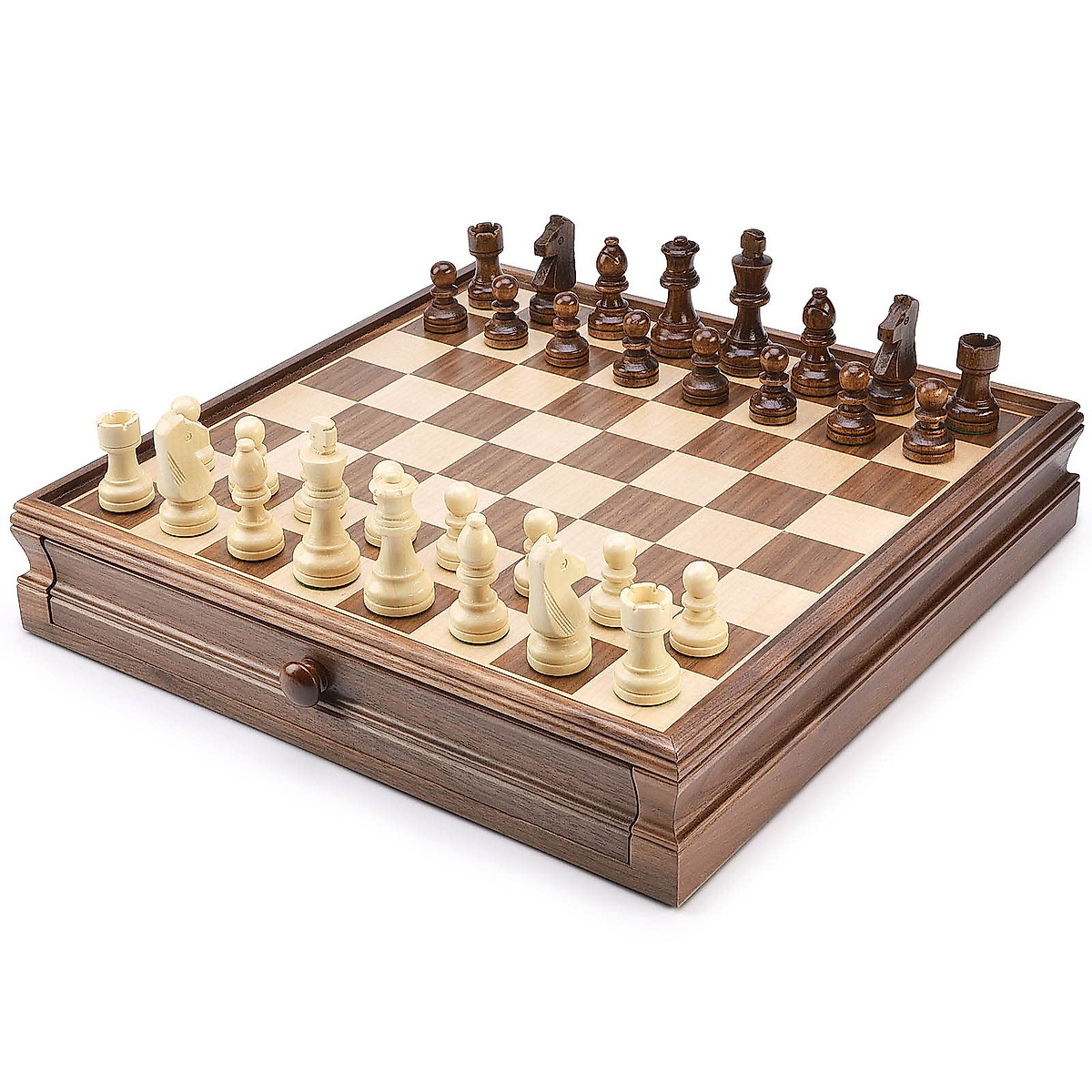 AMEROUS 15" x 15" Wooden Chess & Checkers Set with Built-in Storage Drawers/Weighted Chess Pieces / 2 Bonus Extra Queens / 24 Cherkers Pieces/Classic 2in1 Board Games for Kids, Adults