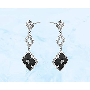 Black Onyx and Cubic Zirconia Three Flower Drop Dangle Earrings for Women I 925 Sterling Silver Earrings for Her I Push Back Earrings by Lavari Jewelers