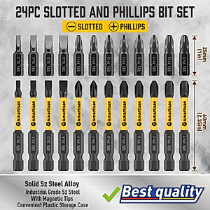 Amartisan 24-piece Screwdriver Bit Set | Magnetic Slotted Phillips driver bit set | S2 Steel, long 1" and 2.3" Head Drill Bits Set