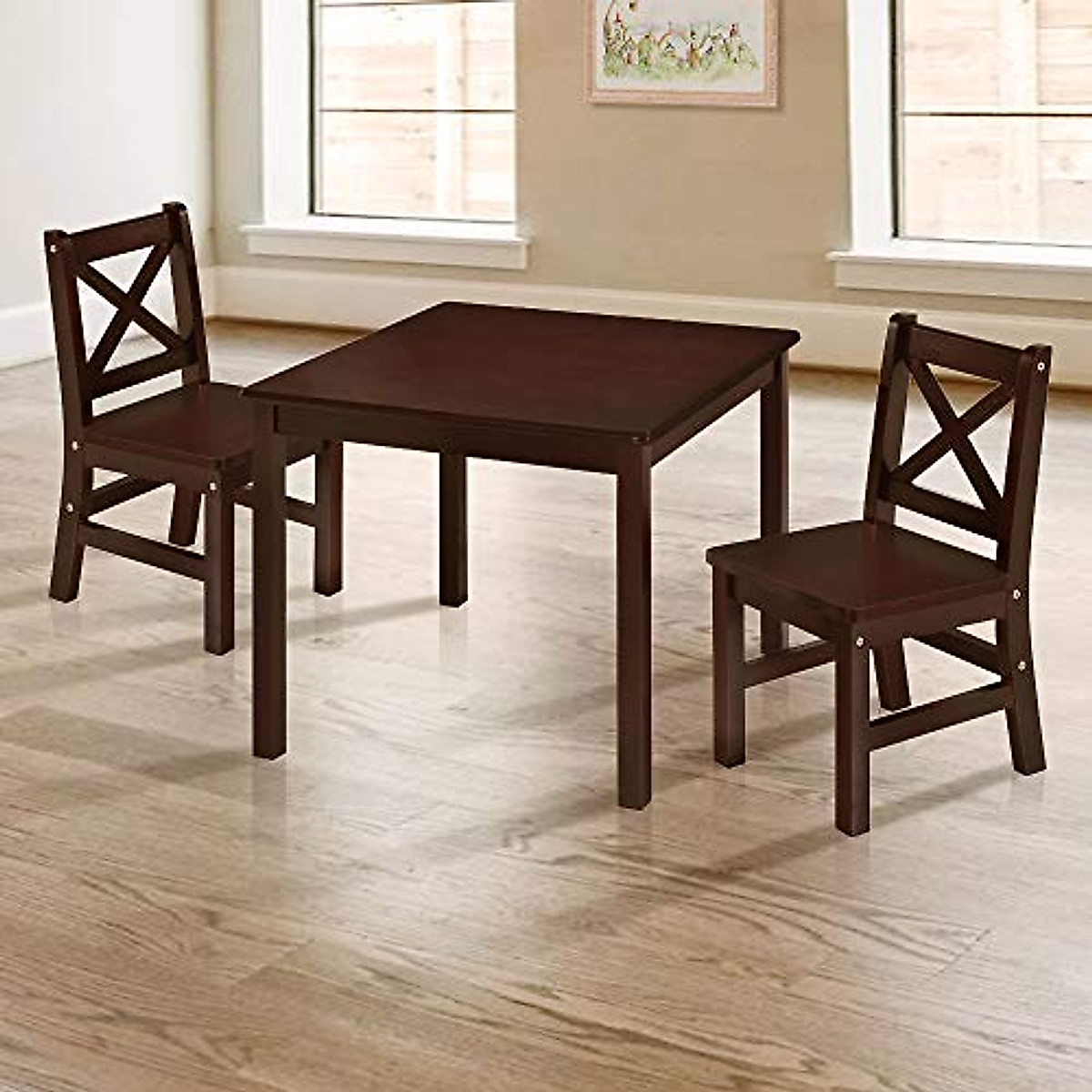 eHemco Solid Hard Wood Kids Table and Chair Set (2 Chairs Included), Espresso, 3 Piece Set