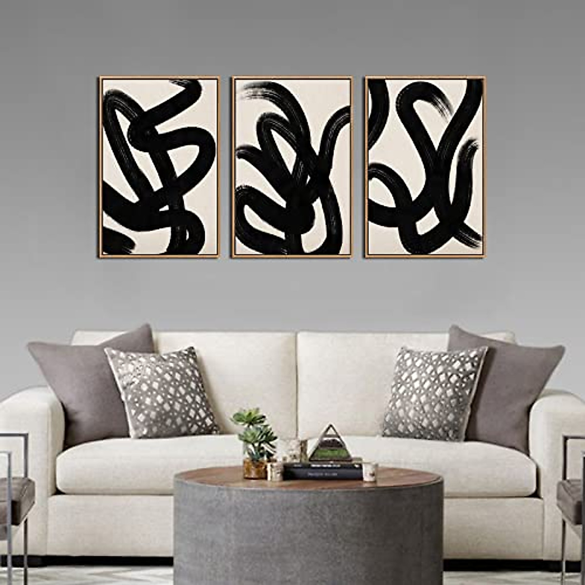 Framed Wall Art Canvas Set Abstract Lines Pictures Modern Mid Century Boho Wall Decor Minimalist Abstract Black Stroke Lines Canvas Painting Artwork Living Room Bedroom Home Office 16"x24"x3 Natural