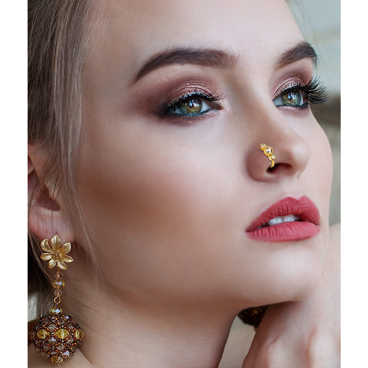 Tornito 16Pcs Dangle Hoop Nose Ring L Shape Nose Stud CZ Butterfly Flower Leaf Dangle Heart Moon Crown Nose Ring Nostril Piercing Jewelry for Women Gold Tone 20G