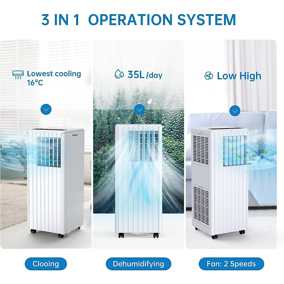 Acekool 8000BTU Portable Air Conditioner, Portable AC Unit with Remote Control, Energy-Efficient Cooling for 350 Sq.ft Spaces, 3-In-1 Cool, Fan, Dehumidify Modes, Portable AC for bedroom room indoor