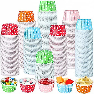 Nuogo 500 Pcs 1.5 oz Disposable Souffle Cups Mini Paper Taster Cups Small Condiment Cups Polka Dot Sample Cups for Ketchup Sacrament Snack Medicine Portion Containers, Orange, Blue, Green, Pink, Red