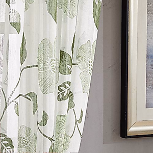 MRTREES Sheer Printed Valance Curtains for Kitchen Windows, Small Modern Rod Pocket Voile Valance Window Treatment for Bathroom Basement(1 Pack, 54" W x 16" L, White with Olive Green Floral Pattern)