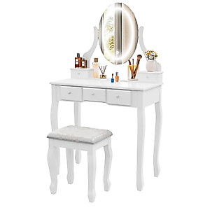 Lumelay Vanity Desk with Mirror and Lights, Makeup Vanity Table and Cushioned Stool Set with 5 Drawers, 3 Color Lighting Modes Brightness Adjustable, Bedroom Dressing Table for Women Girls, White