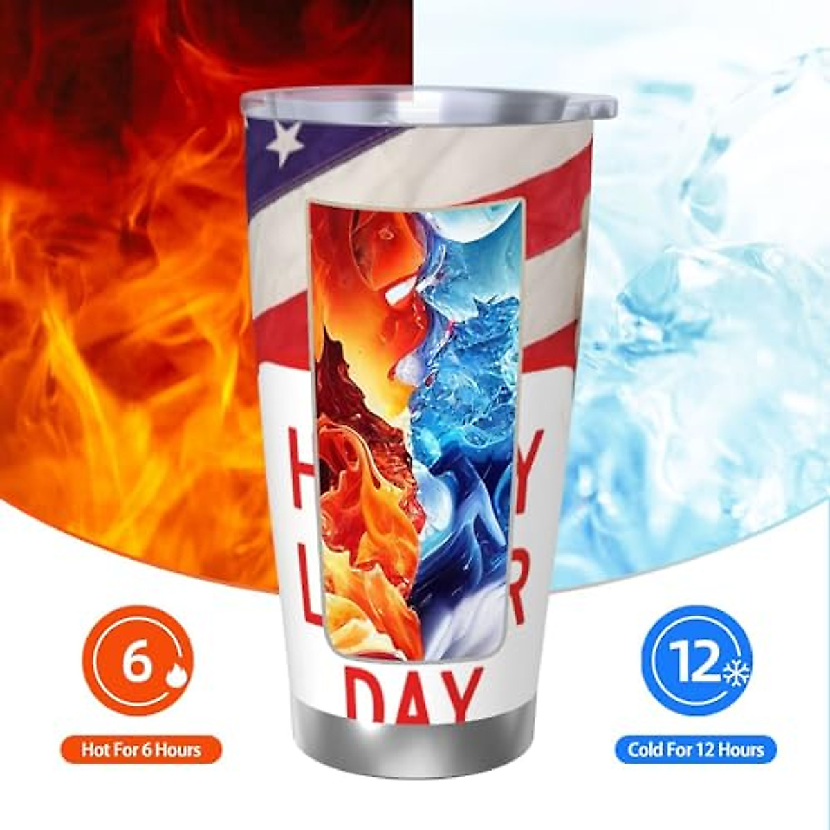 Happy Labor Day Tumbler with Lid and Straw 20oz Stainless Steel Car Cup for Hot and Cold Drinks, Double Wall Insulated Travel Coffee Mug Reusable Drink Thermos Cup Birthday Gifts