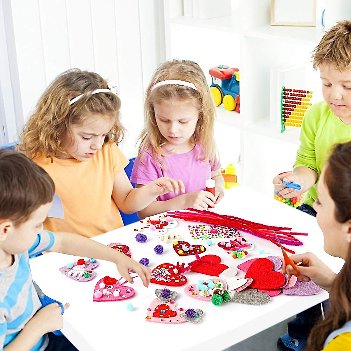 Valentines Day Crafts for Kids - 361PCS DIY Valentines Heart Craft Set for School Gift, 108 Hearts, 50 Googly Eyes, 60 Pom Poms, 36 Wooden Beads, Craft Supplies for Valentines Party Favor Decoration