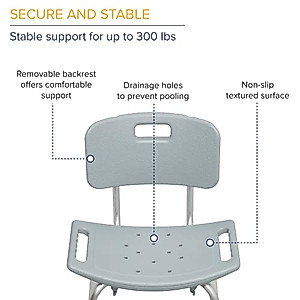 Drive Medical RTL12202KDR Shower Chair with Back, Adjustable Stool with Suction Feet, Shower Seat for Inside Shower or Tub, Bathroom Bench Bath Chair for Elderly and Disabled, 300 LB Weight Cap, Grey