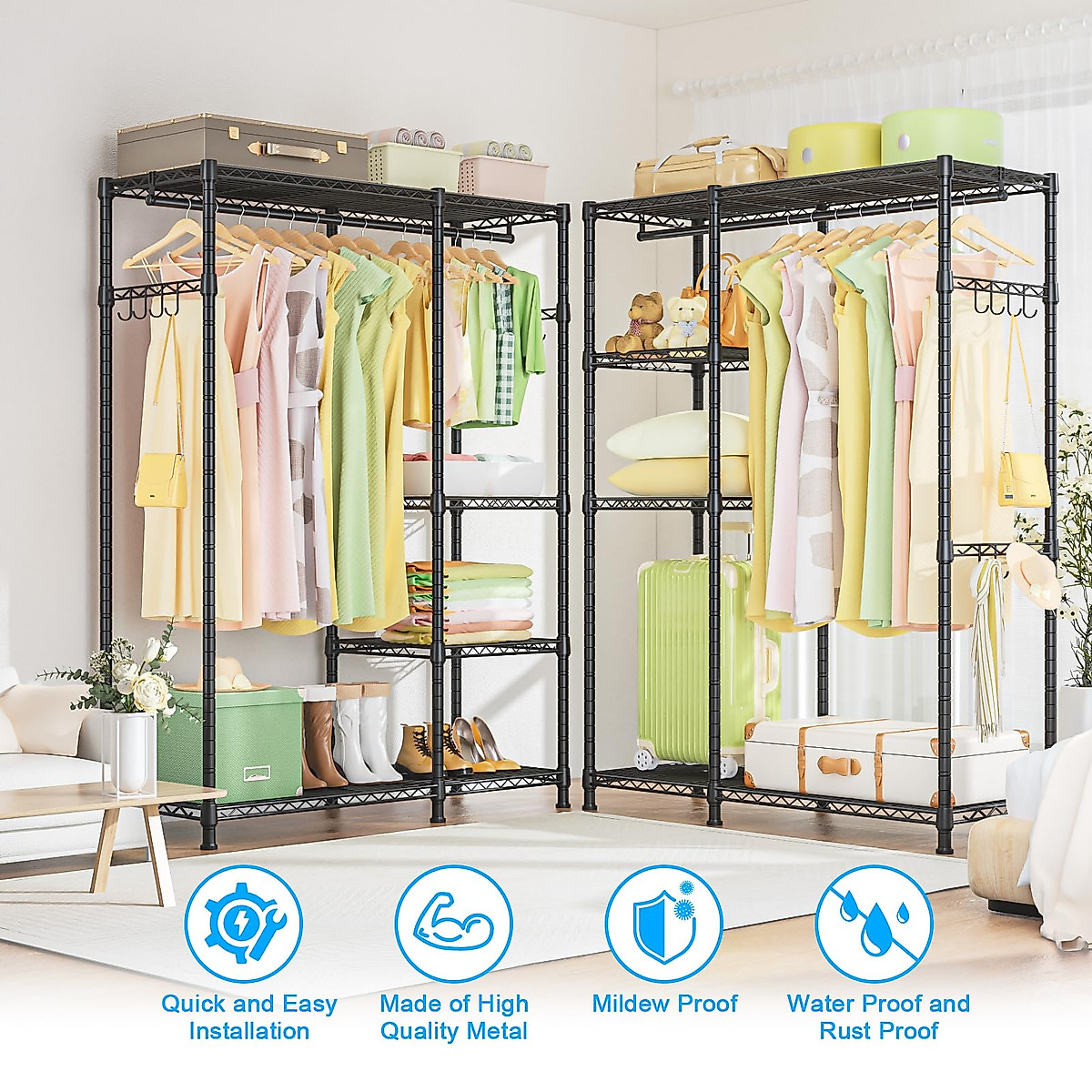 Ulif F4 Heavy Duty Clothes Rack（With Hanger Rod ） Freestanding Clothing Racks for Hanging Clothes，Adjustable Closet Organizer System，Portable Garment Rack 45" W x 15" D x 70" H，Max Load 500LBS，Black