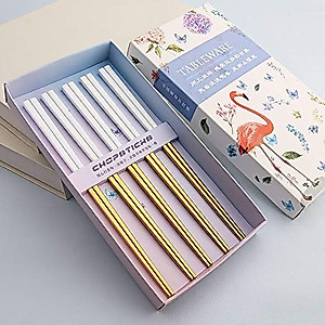 5 Pairs Fashionable and exquisite Korean stainless steel chopsticks (White+Gold)