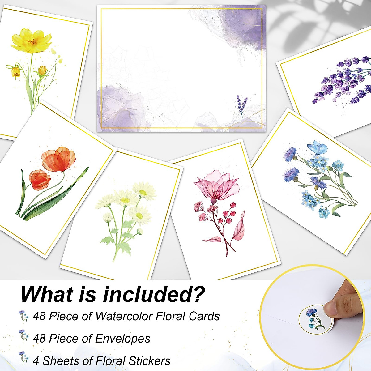 48PCS Floral Blank Cards with Envelopes & Stickers Beautiful Watercolor Floral Greeting Cards All Occasion Greeting Cards,Thinking Of You,Cute Thank You Stationary Notecards for Birthday Party Favors