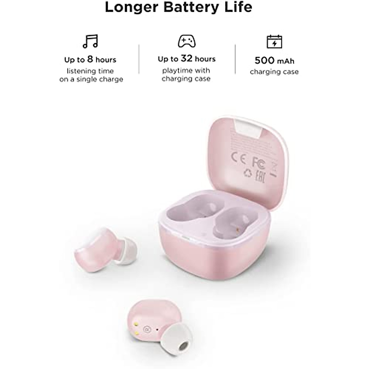 HTC True Wireless Earbuds 2 Bluetooth 5.1 with USB-C Charging Case, 32-Hour Playtime, Built-in Microphone, Touch Control Wireless Earbuds- Pink